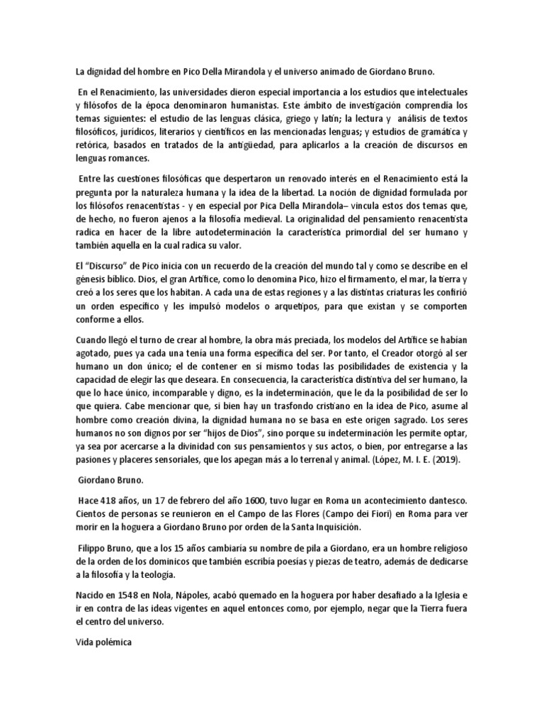 La Dignidad Del Hombre en Pico Della Mirandola y El Universo Animado de Giordano Bruno | PDF ...