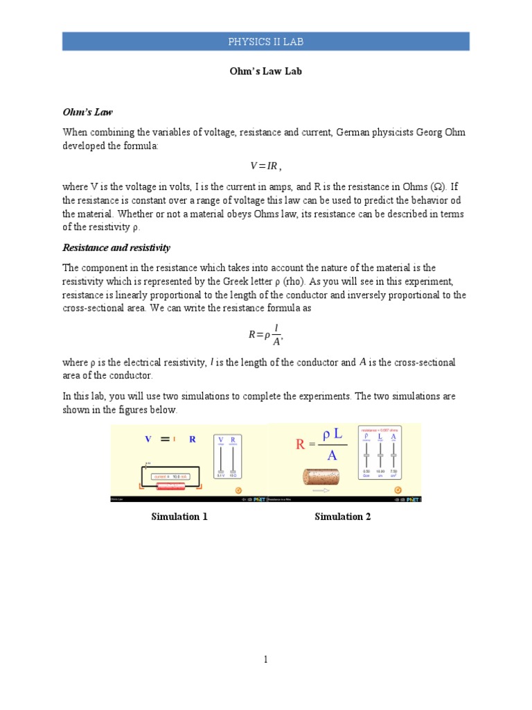 Ohms Law and Resistance Virtual Lab PHET | PDF | Electrical Resistance ...