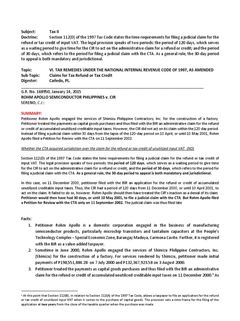 ROHM Apollo Semiconductor Philippines vs. CIR | PDF | Tax Refund ...