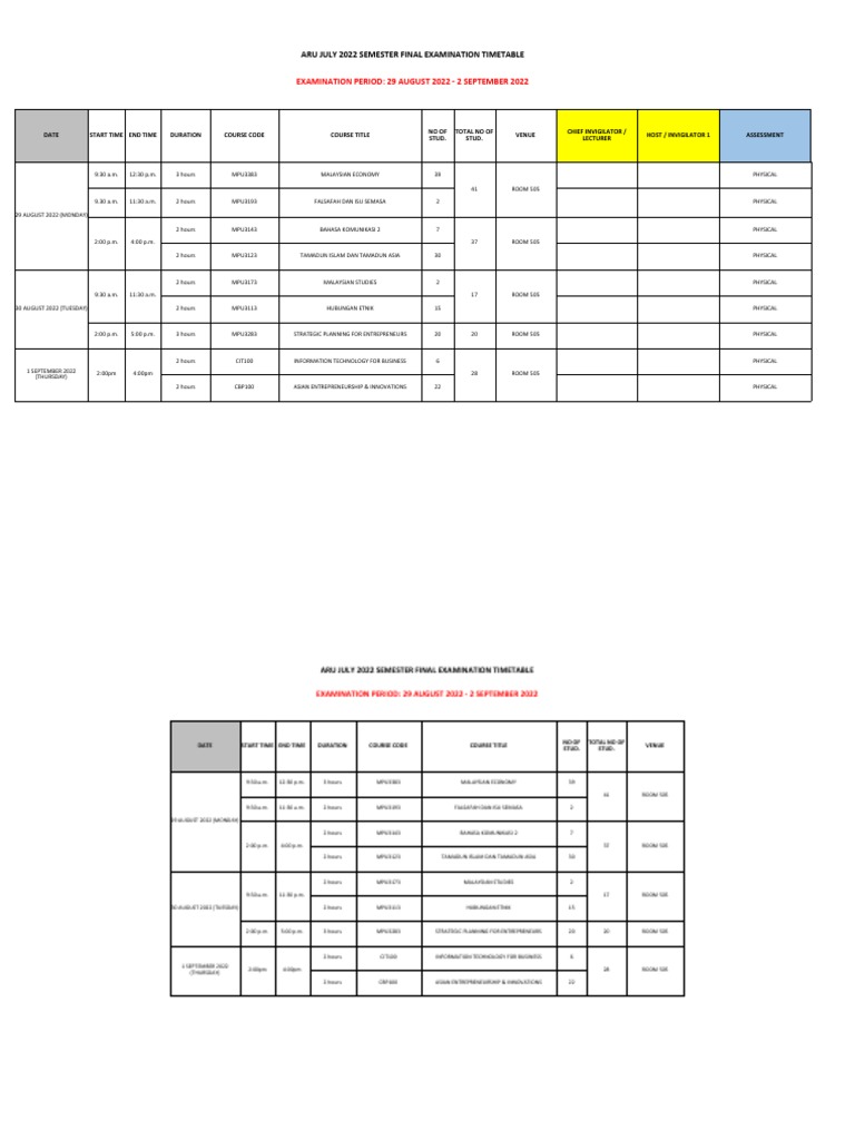 Final Exam Timetable ARU July 2022 Semester | Download Free PDF | Educational Institutions ...