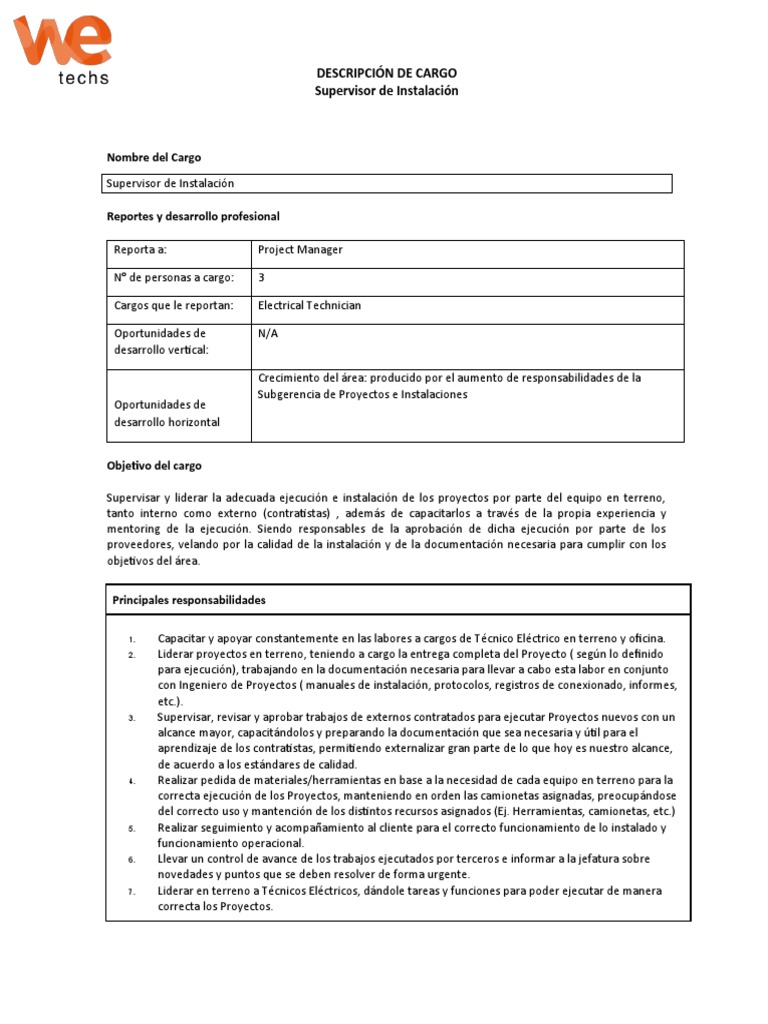 Descripción de Cargo - Supervisor Instalaciones | PDF | Business