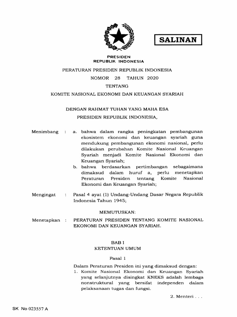 Komite Ekonomi Syariah: Perpres 28/2020 | PDF