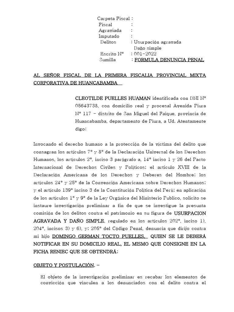 Modelo de Denuncia Por Usurpacion y Danos NCPP LP | PDF | Derecho penal ...