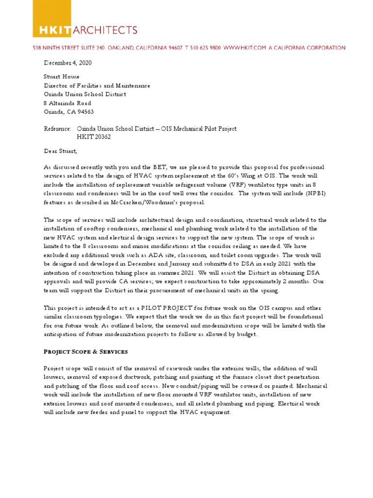 HKIT Architects Proposal For Design Services - OIS HVAC Pilot Project | PDF | Duct (Flow ...