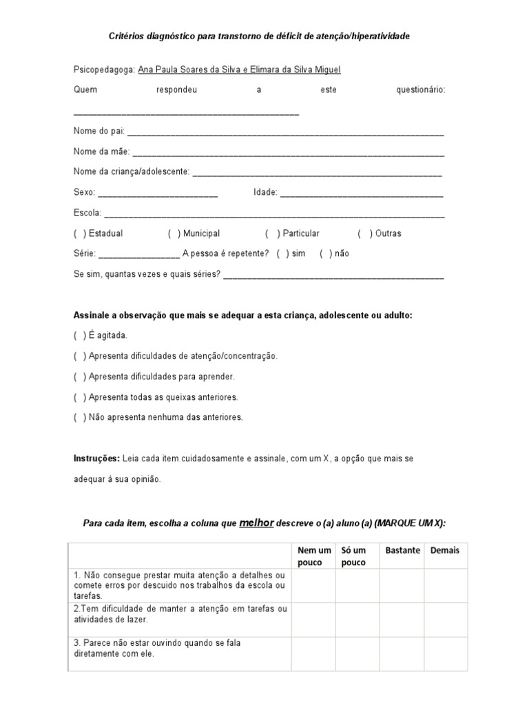 Questionário TDAH | Download grátis PDF | Transtorno de déficit de ...