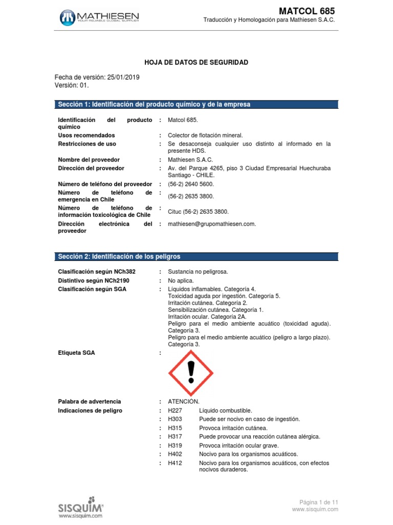 MSDS Matcol 685 | PDF | Agua | Combustión