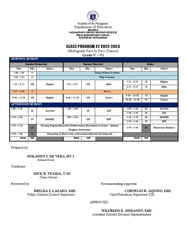 Class Program for Grade V-VI at Rizal Elementary School, Natividad, Pangasinan for SY 2022-2023 ...