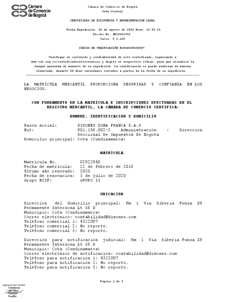 Certificado Disonex Zona Franca S.A.S. | PDF | Business | Sociedad