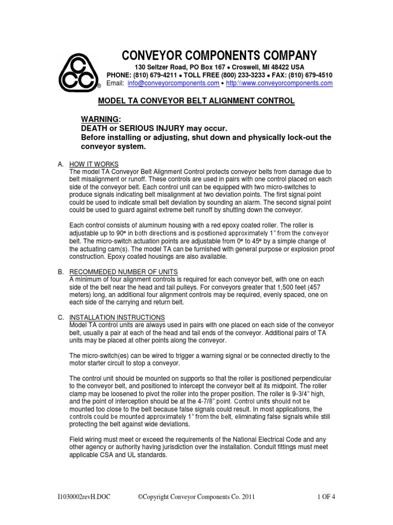 Model TA Belt Alignment Control | PDF | Switch | Belt (Mechanical)
