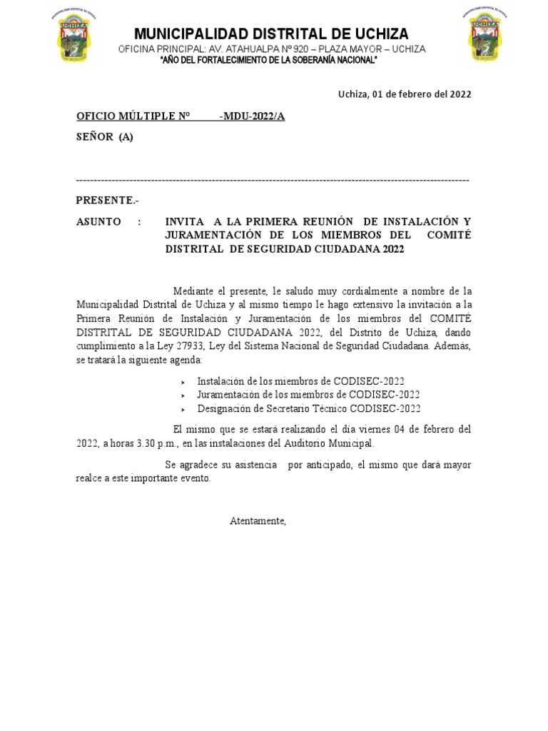 Oficio - 1era Reunión Codisec-2022 | PDF | Gobierno