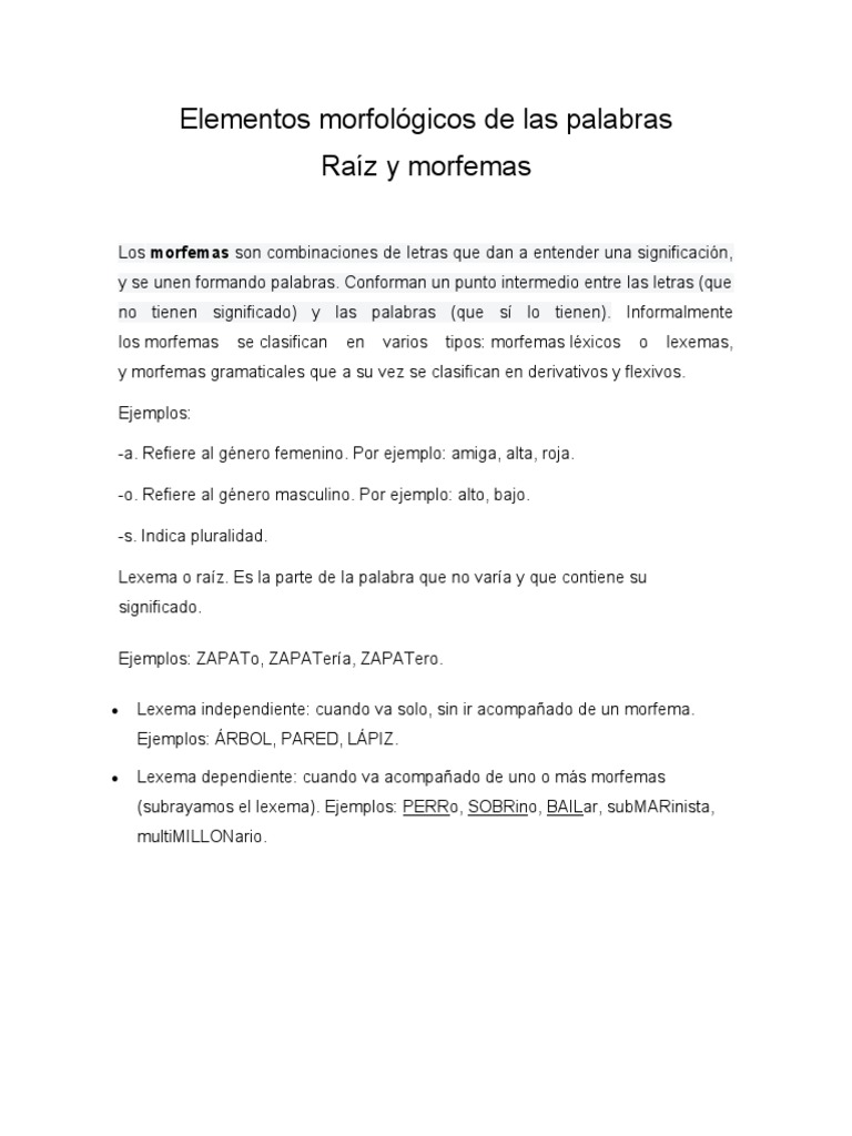 Elementos Morfológicos de Las Palabras | PDF | Artes del Lenguaje y ...