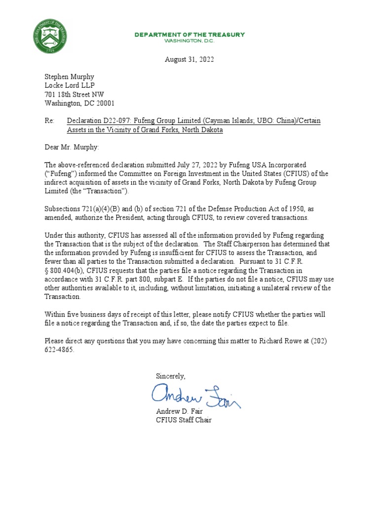 CFIUS Review of Fufeng Acquisition Notice | PDF