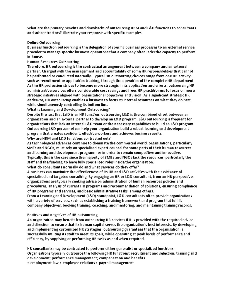 Benefits and Drawbacks of Outsourcing HR and L&D | PDF | Human Resource Management | Outsourcing