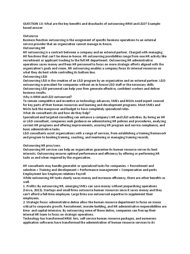 Key Pros and Cons of Outsourcing HRM & L&D | PDF | Human Resource Management | Outsourcing