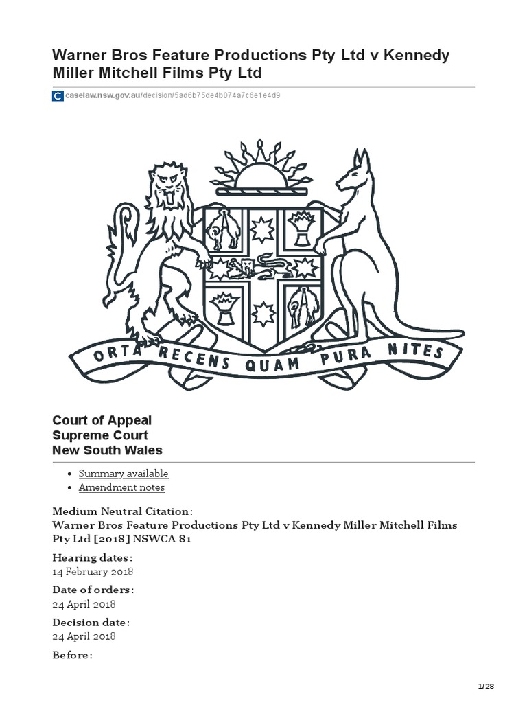 Case Law 1 Warner-Bros Ltd-v-Kennedy-Miller-Mitchell-Films-Pty-Ltd ...