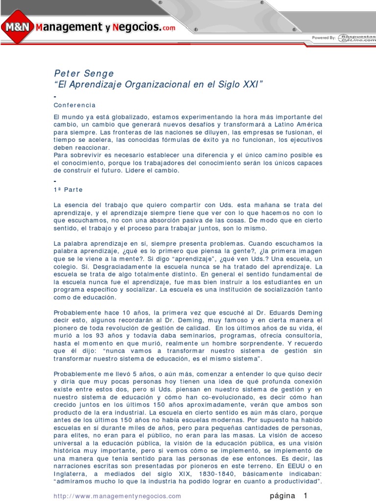 Peter Senge Aprendizaje Organizacional | PDF | Conocimiento | Aprendizaje