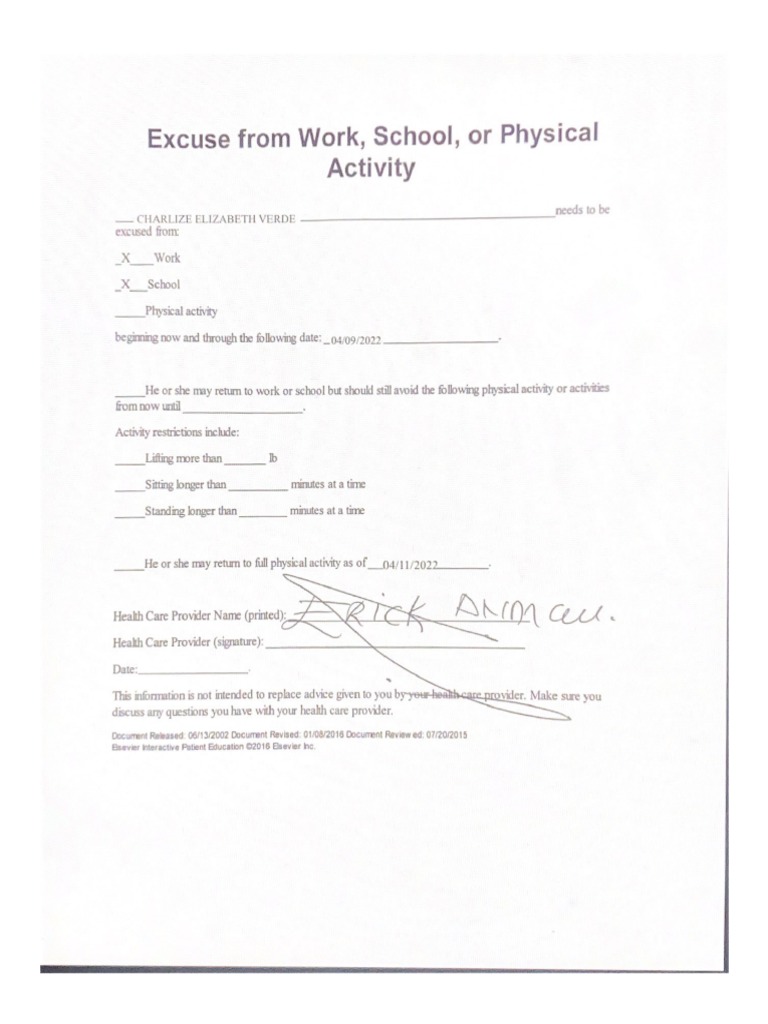 Excuse From Work, School, or Physical | PDF
