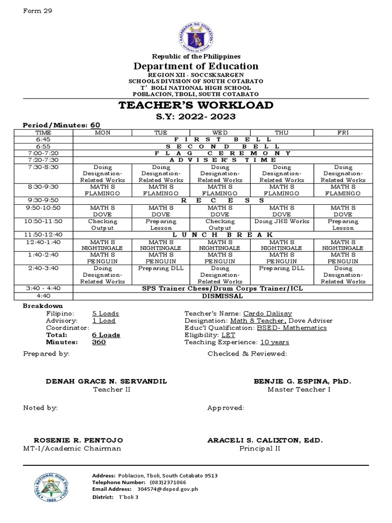 Template Individual Teachers Load 2022 23 Final School Base | PDF