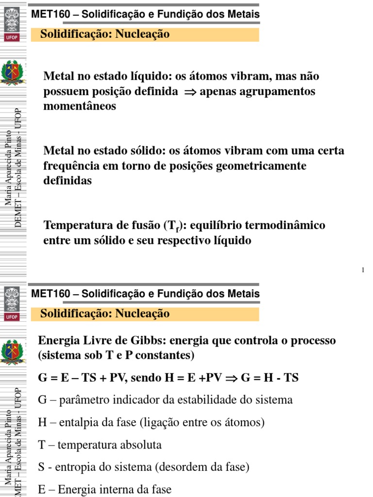 MET160 Aula 5 Solidificação - Nucleação | PDF | Nucleação | Congelamento