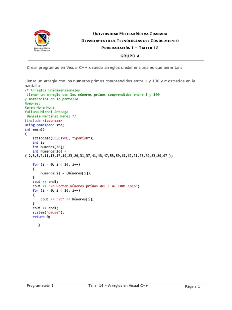 Taller 13 Arreglos en Visual C++, Grupo A | PDF | C ++ | Estructura de ...
