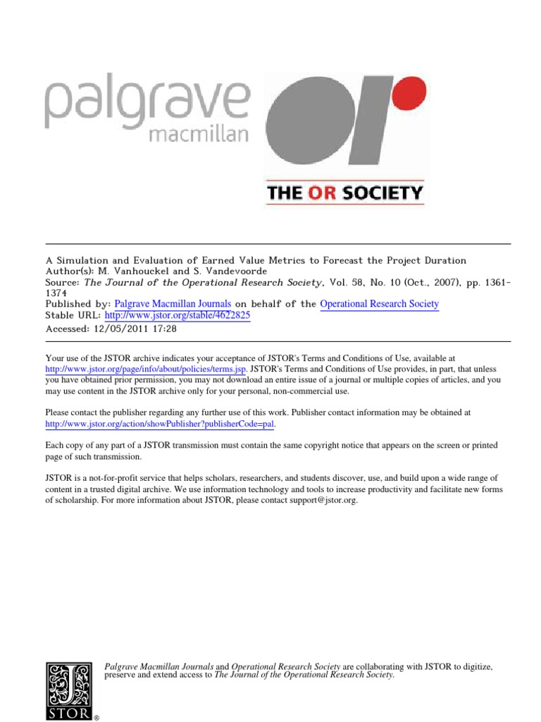 A Simulation And Evaluation Of Earned Value Metrics To Forecast The Project Duration Pdf