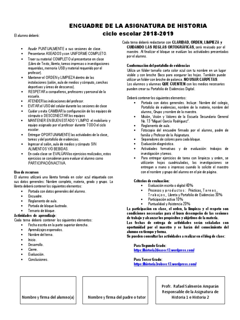 Encuadre Historia Segundo y Tercero | PDF | Evaluación | Salón de clases