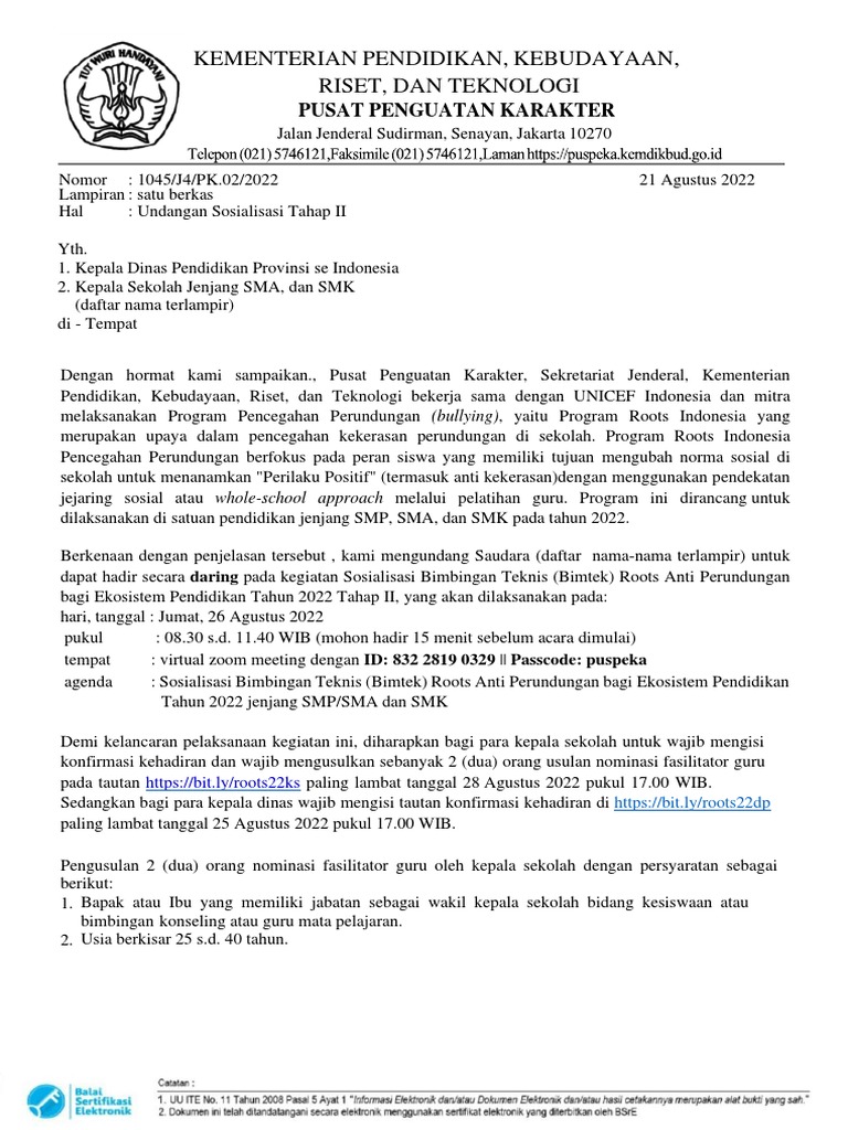 Sosialisasi Program Roots Indonesia Pencegahan Perundungan Tahun 2022 oleh Kementerian ...