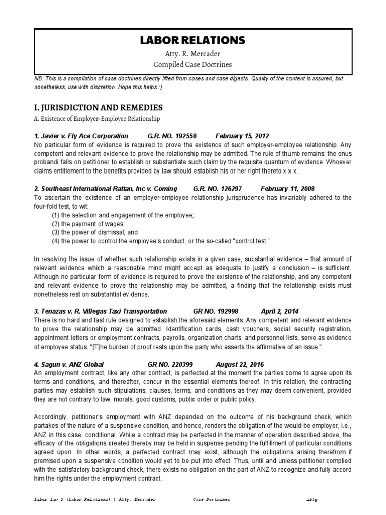 Labor Relations: I. Jurisdiction and Remedies | PDF | Employment ...