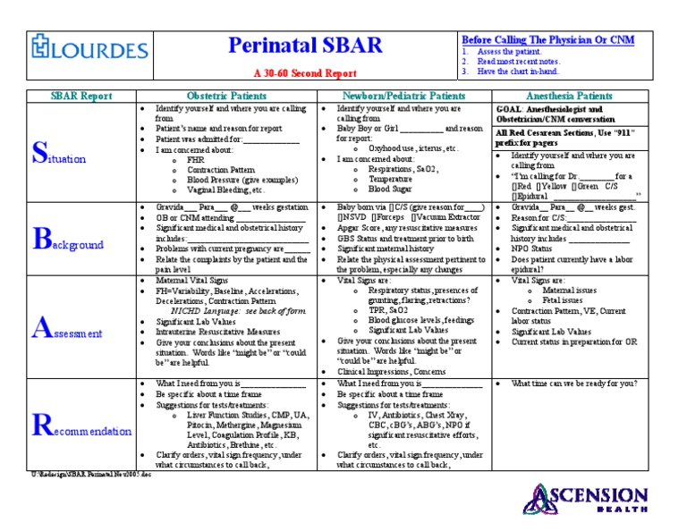 Perinatal Sbar | PDF | Obstetrics | Caesarean Section
