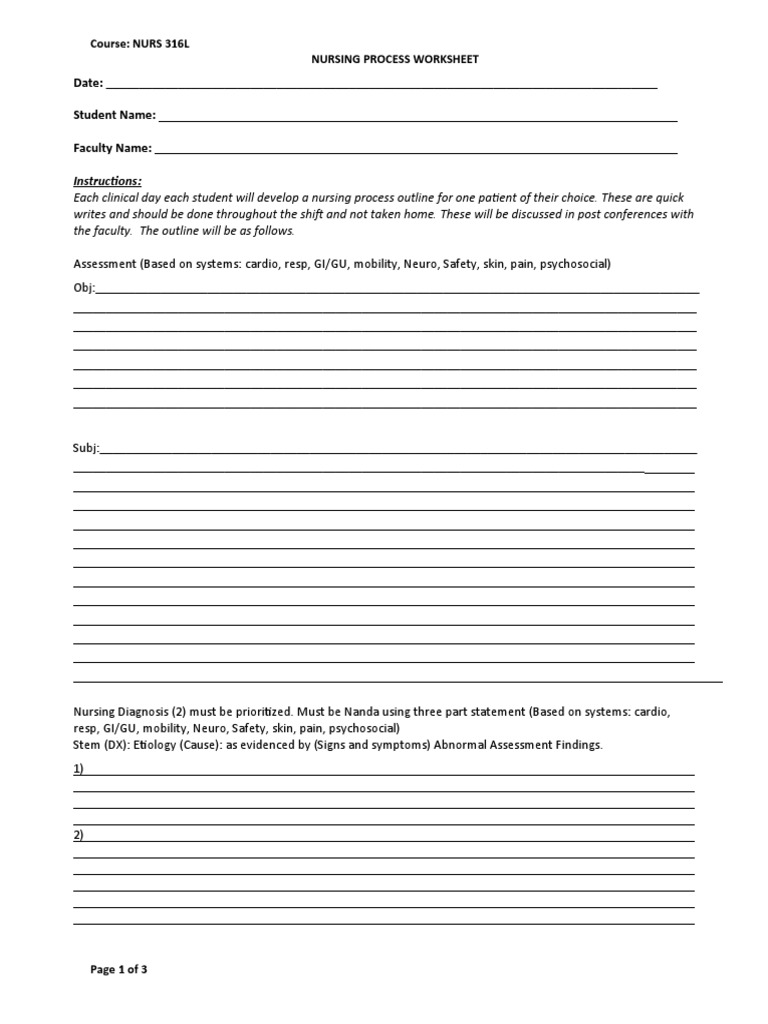 Nursing Process Worksheet Template | PDF | Nursing | Safety