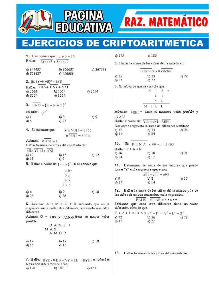 Ejercicios de Criptoaritmetica Pagina Educativa | PDF | Multiplicación | Matemática Elemental
