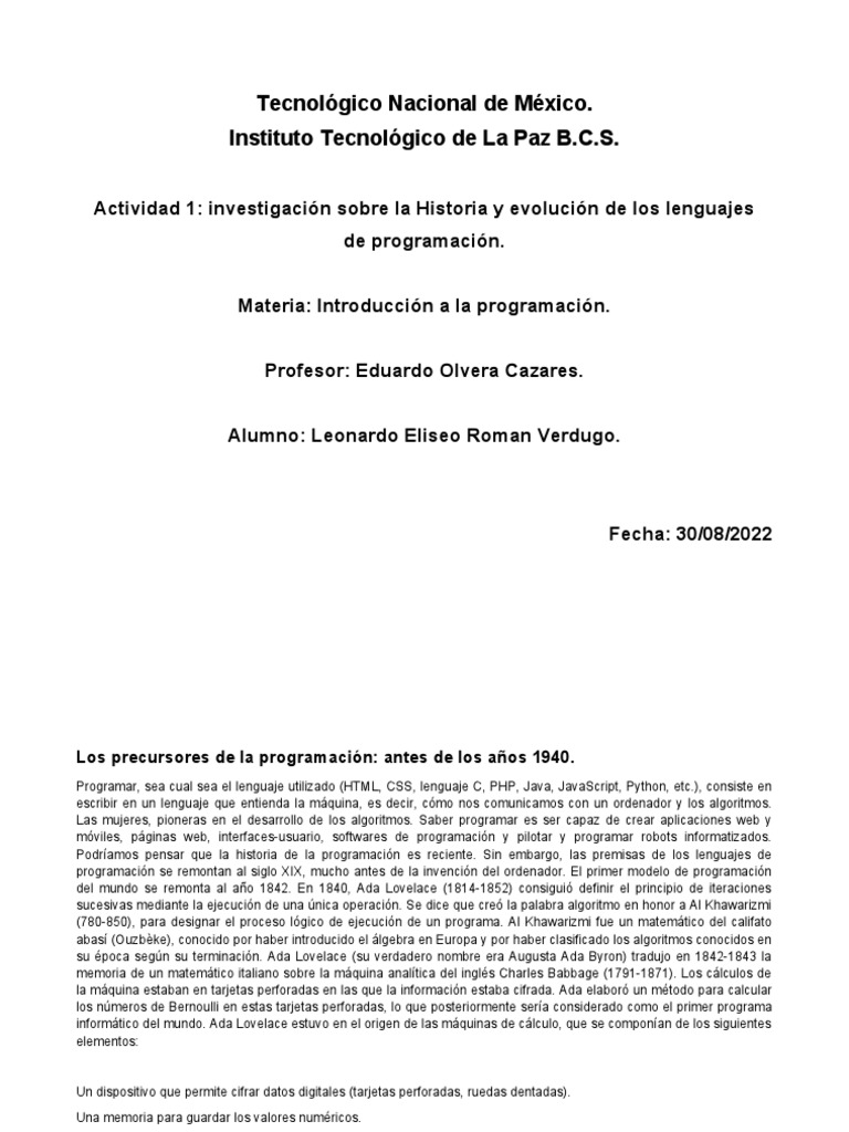 Introduccion A La Programacion. Act 1 | PDF | Lenguaje de programación | Programación de ...
