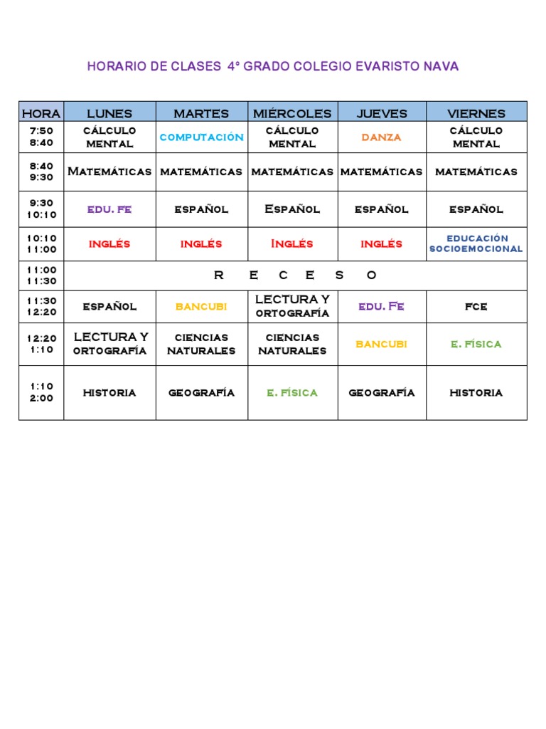 Horario de Clases 4to Grado | PDF