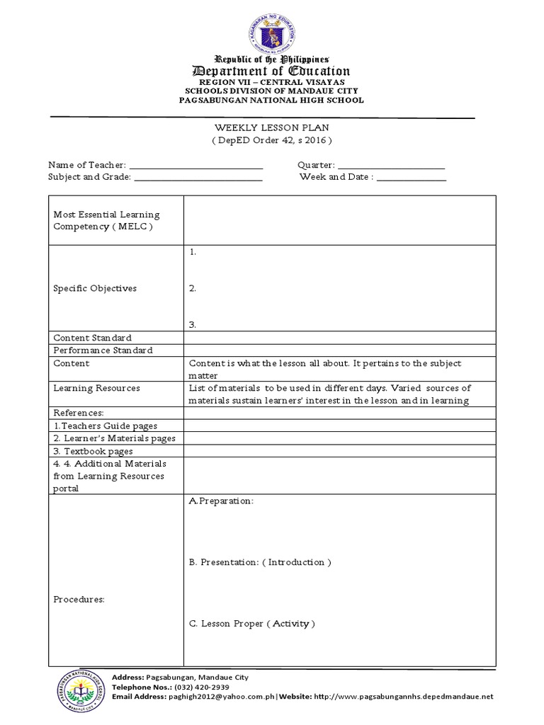 Sample Weekly Lesson Plan | PDF | Lesson Plan | Cognitive Science