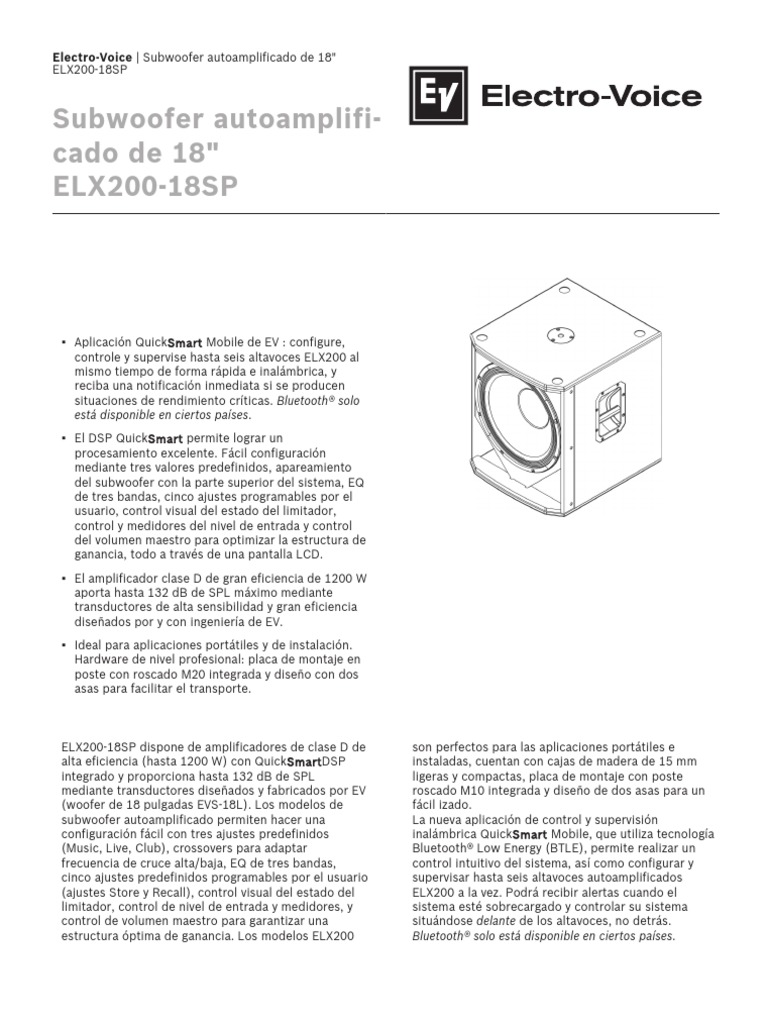 ELX200-18SP Powered Subwoofer Datasheet Es | PDF | Altoparlante | Tecnología de información y ...