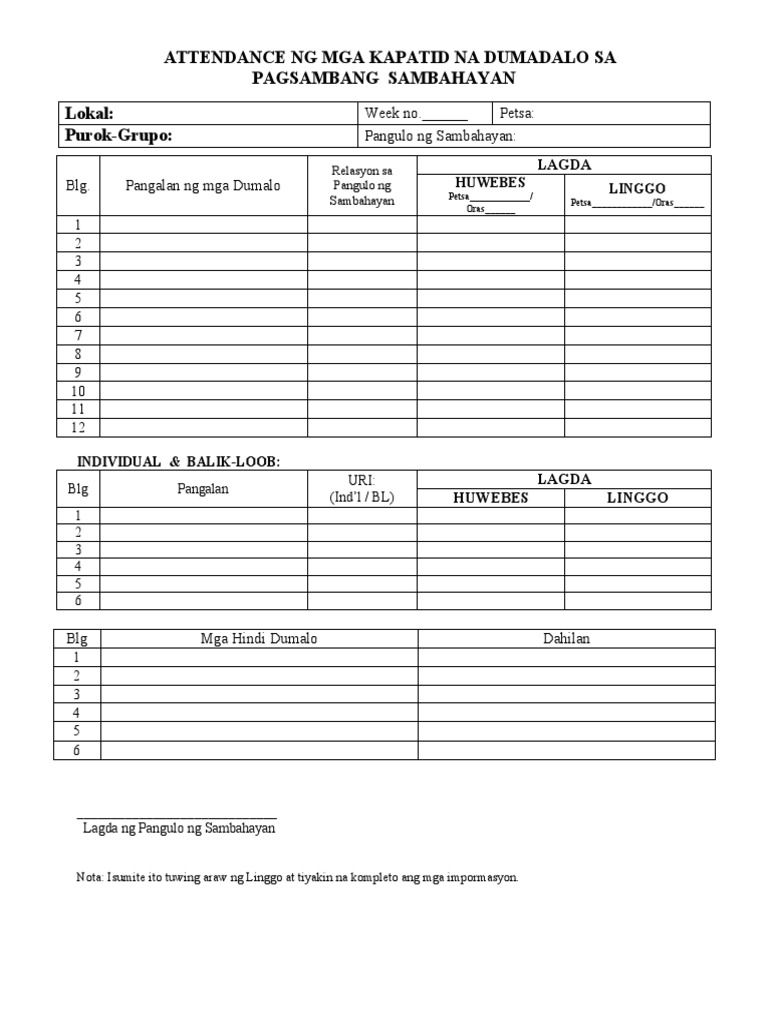 Attendance NG Mga Kapatid Na Dumadaloo Sa Pagsambang Sambahayan | PDF