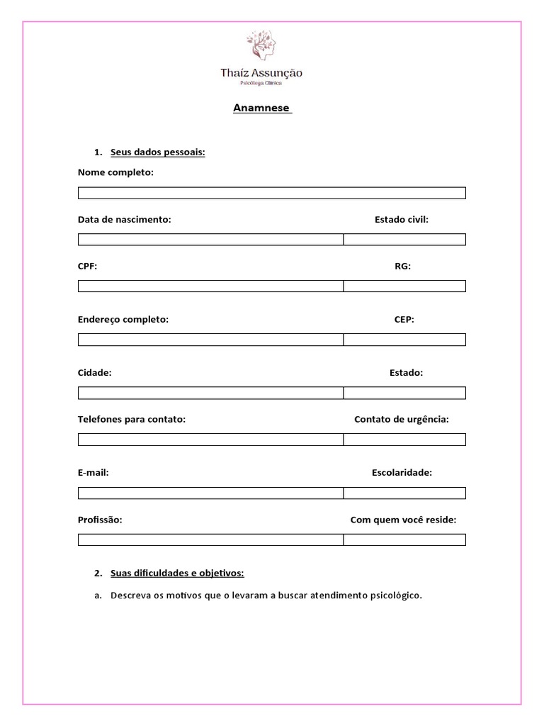 Anamnese Completa: Dados Pessoais, Histórico Familiar e de Saúde Mental ...