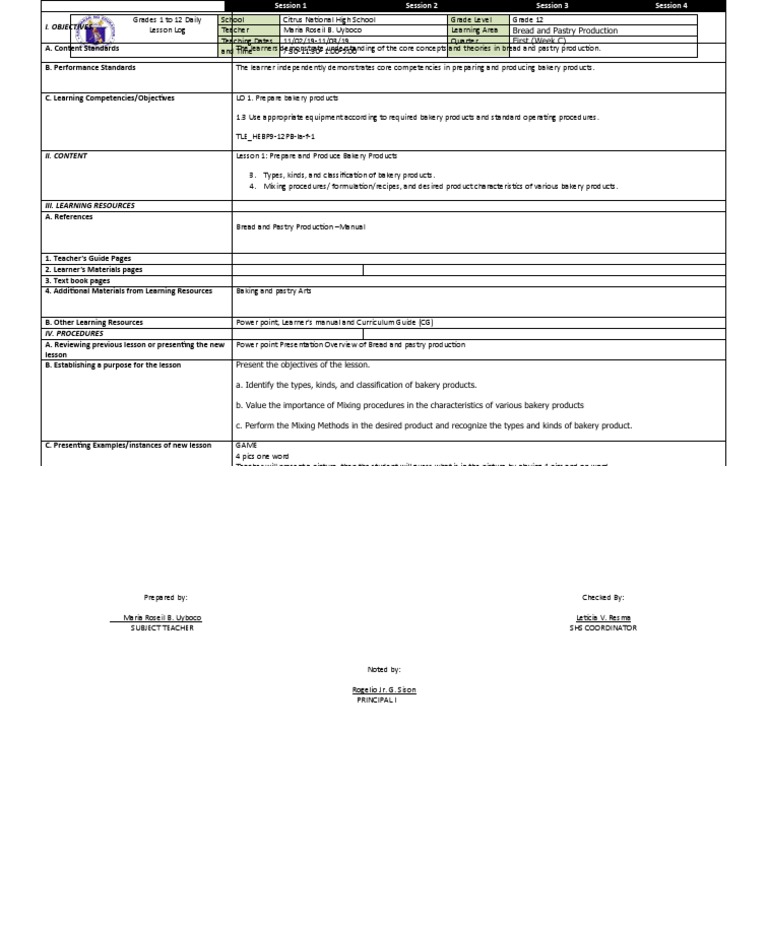 Daily Lesson Log BPP C | PDF | Bakery | Learning
