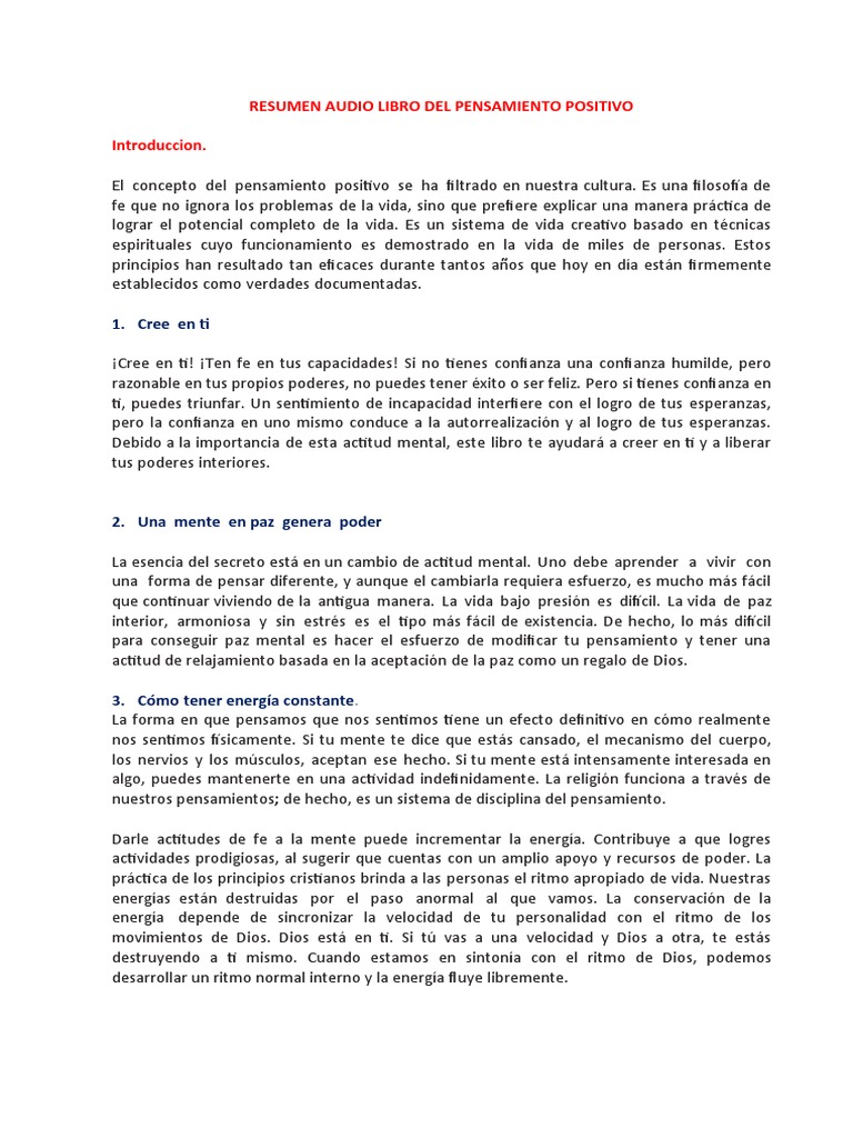Resumen Pensamiento Positivo | PDF | Pensamiento | Mente