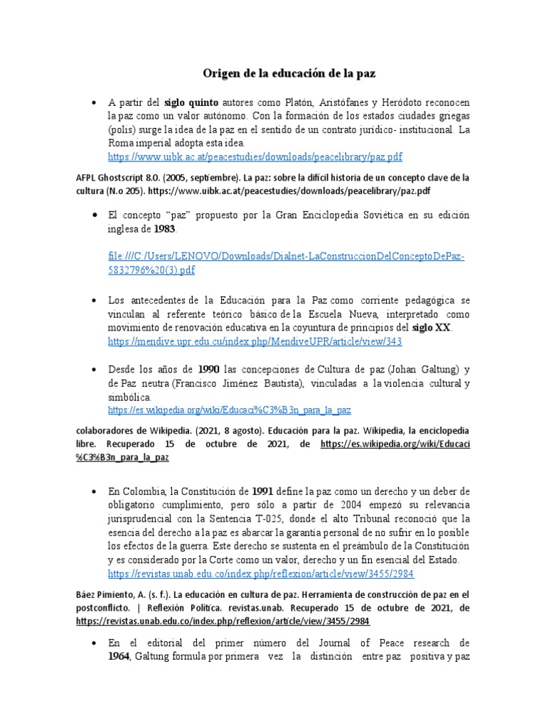 Origen de La Educación de La Paz | PDF | Paz | Wikipedia