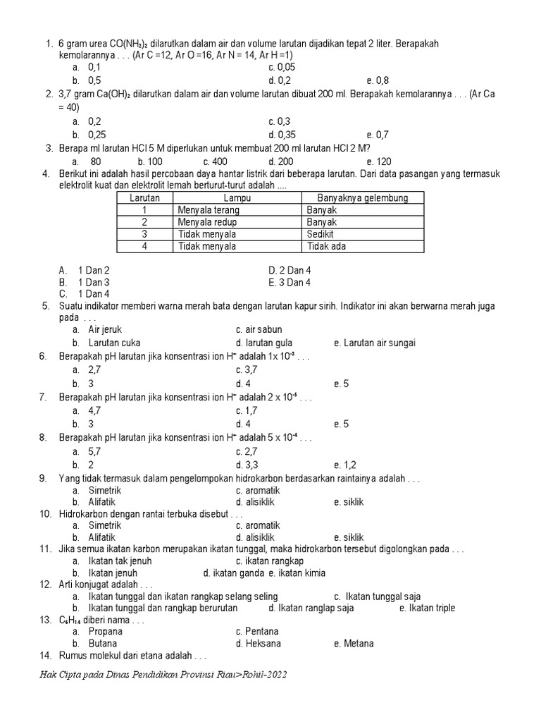 Soal Kimia Sem Genap 2022 | PDF
