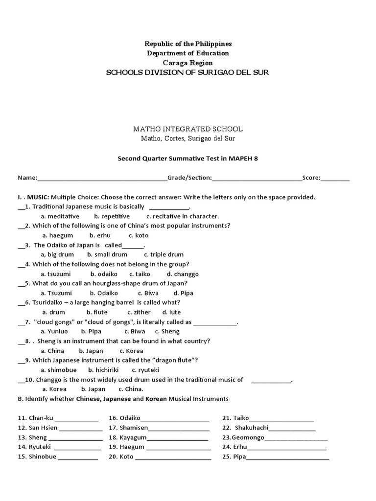 MAPEH 8 Second Quarter Test | PDF