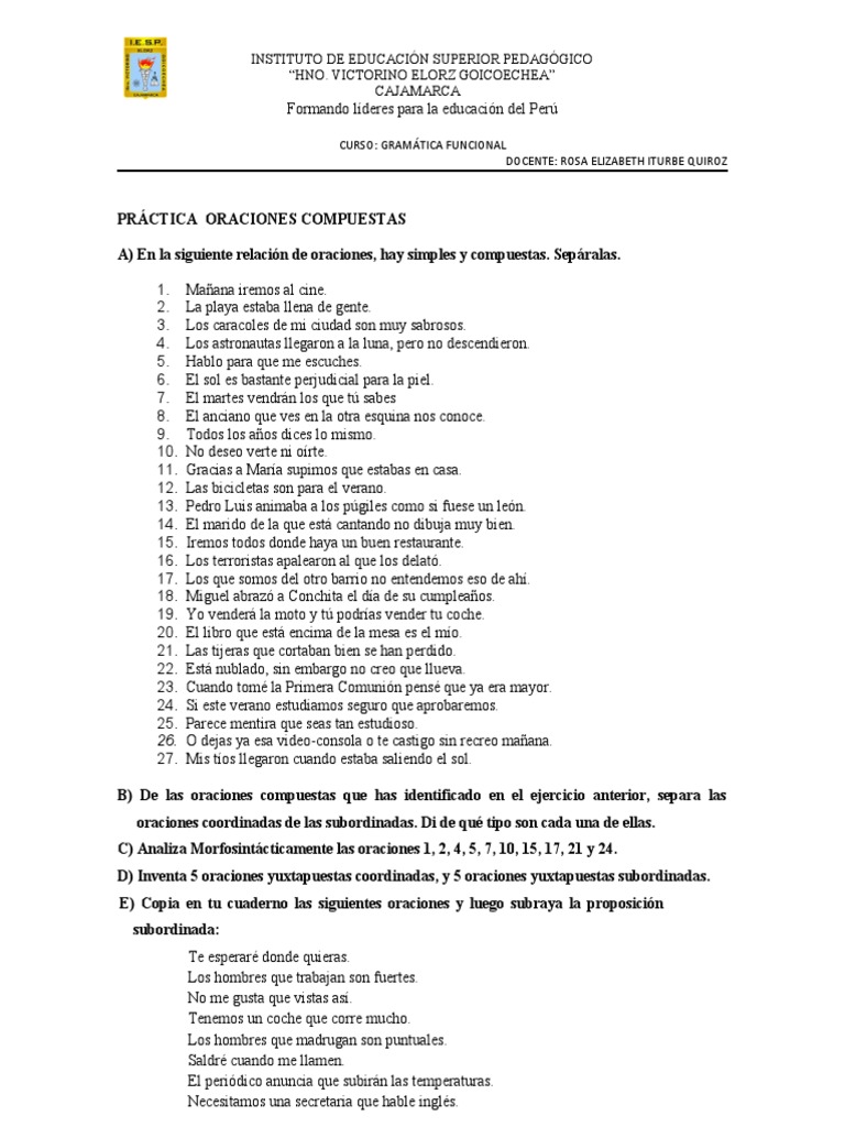 Ejercicios de Oraciones Compuestas | PDF