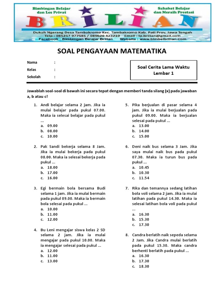 Soal Cerita Lama Waktu Kelas 3 SD Lembar 1 - WWW - Bimbelbrilian | PDF Soal Cerita Lama Waktu Kelas 3 SD Lembar 1 - WWW - Bimbelbrilian | PDF