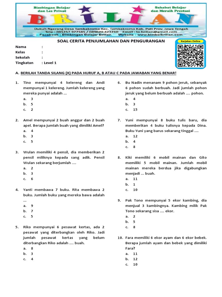 Soal Cerita Penjumlahan Dan Pengurangan Kelas 1 SD - Level 1 | PDF