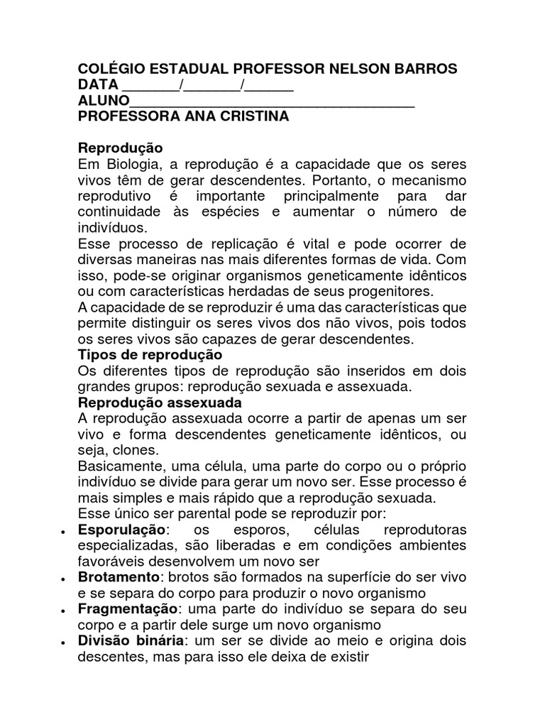 Exercícios sobre Reprodução em Seres Vivos | PDF | Reprodução | Célula ...