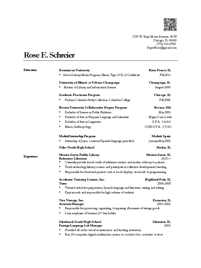 Rose Schreier Resume 2011 | PDF | Public Library | Libraries