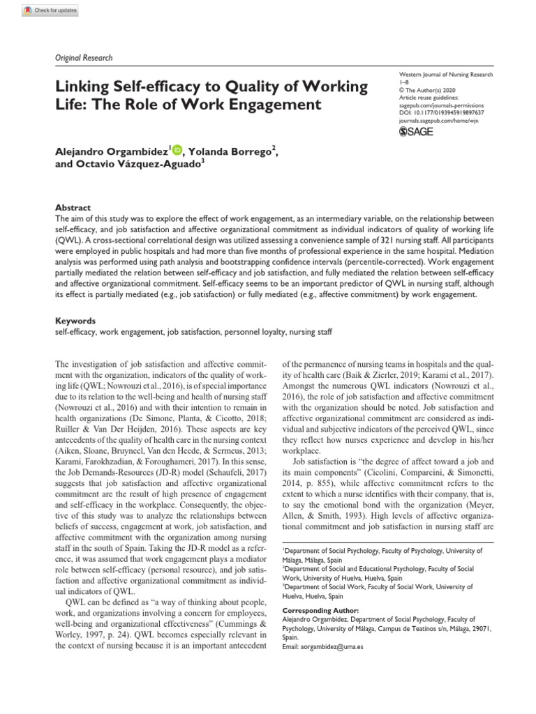 Linking Self-Efficacy To Quality of Working Life: The Role of Work Engagement | PDF | Self ...