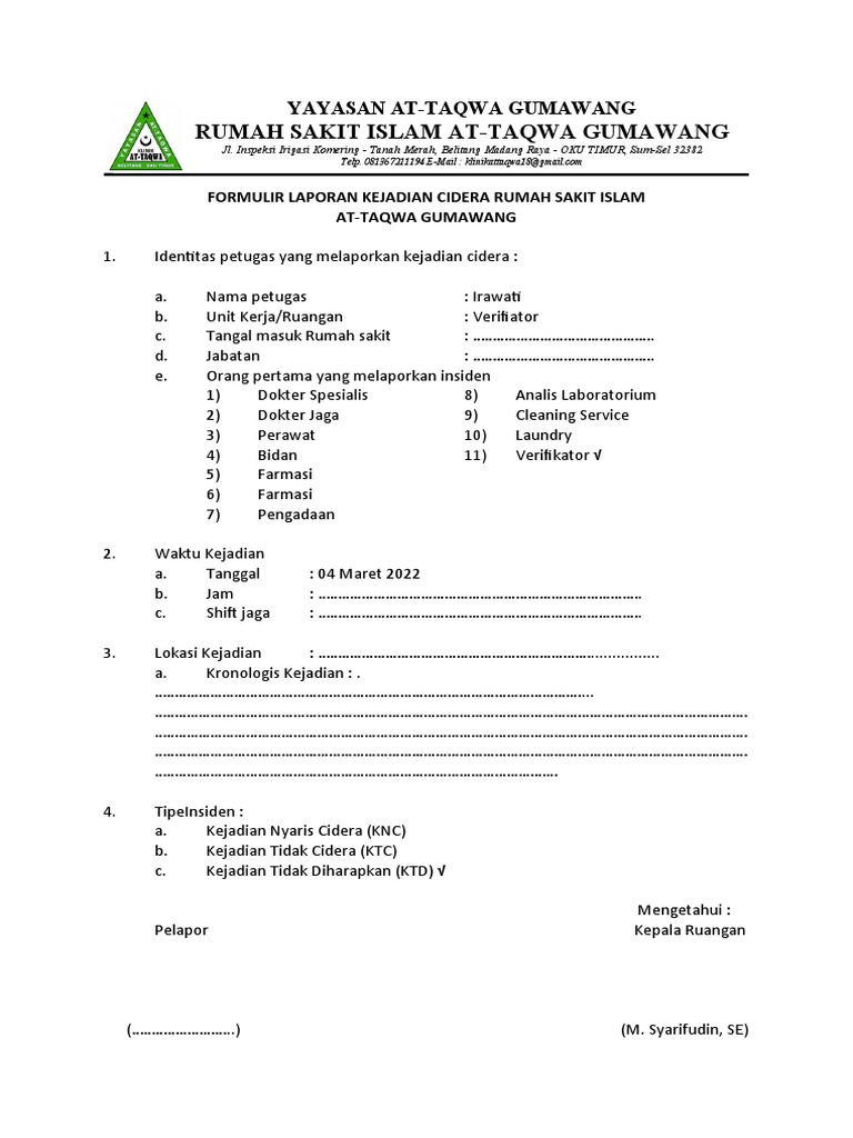 Formulir Laporan Kejadian Cidera | PDF