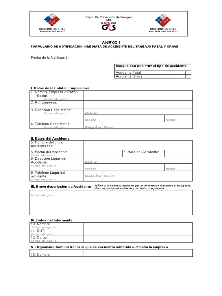 052 D-DPR Formulario Not. Inmediata de Acc Fatal y Grave | PDF